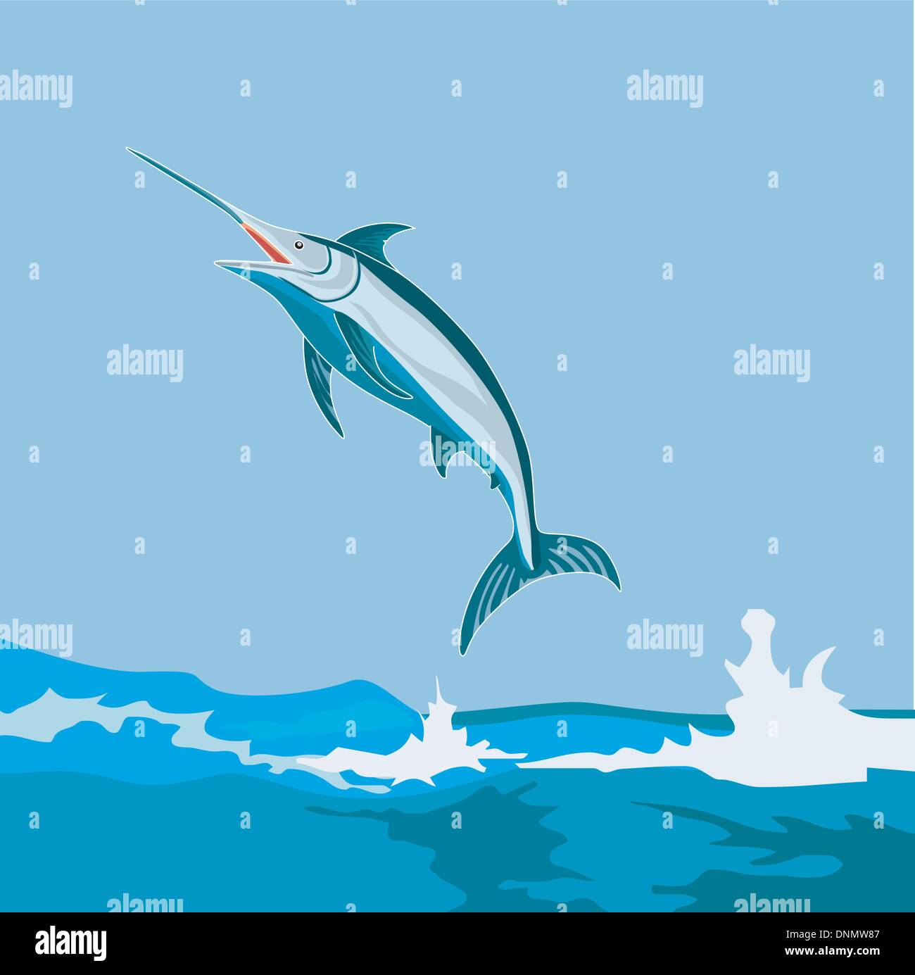 Illustration of a blue marlin fish jumping done in retro style Stock ...