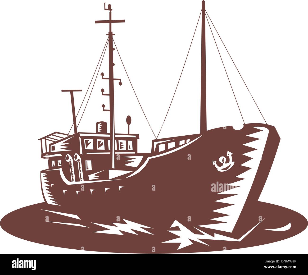 illustration of a Coastal trader boat don ein woodcit style Stock ...