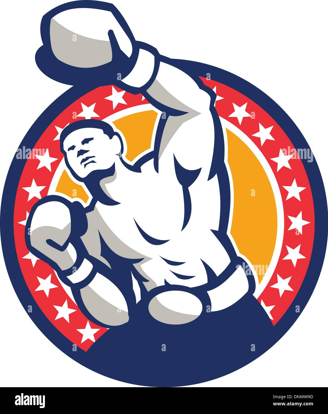 Illustration of a boxer jabbing punching set inside circle with stars ...