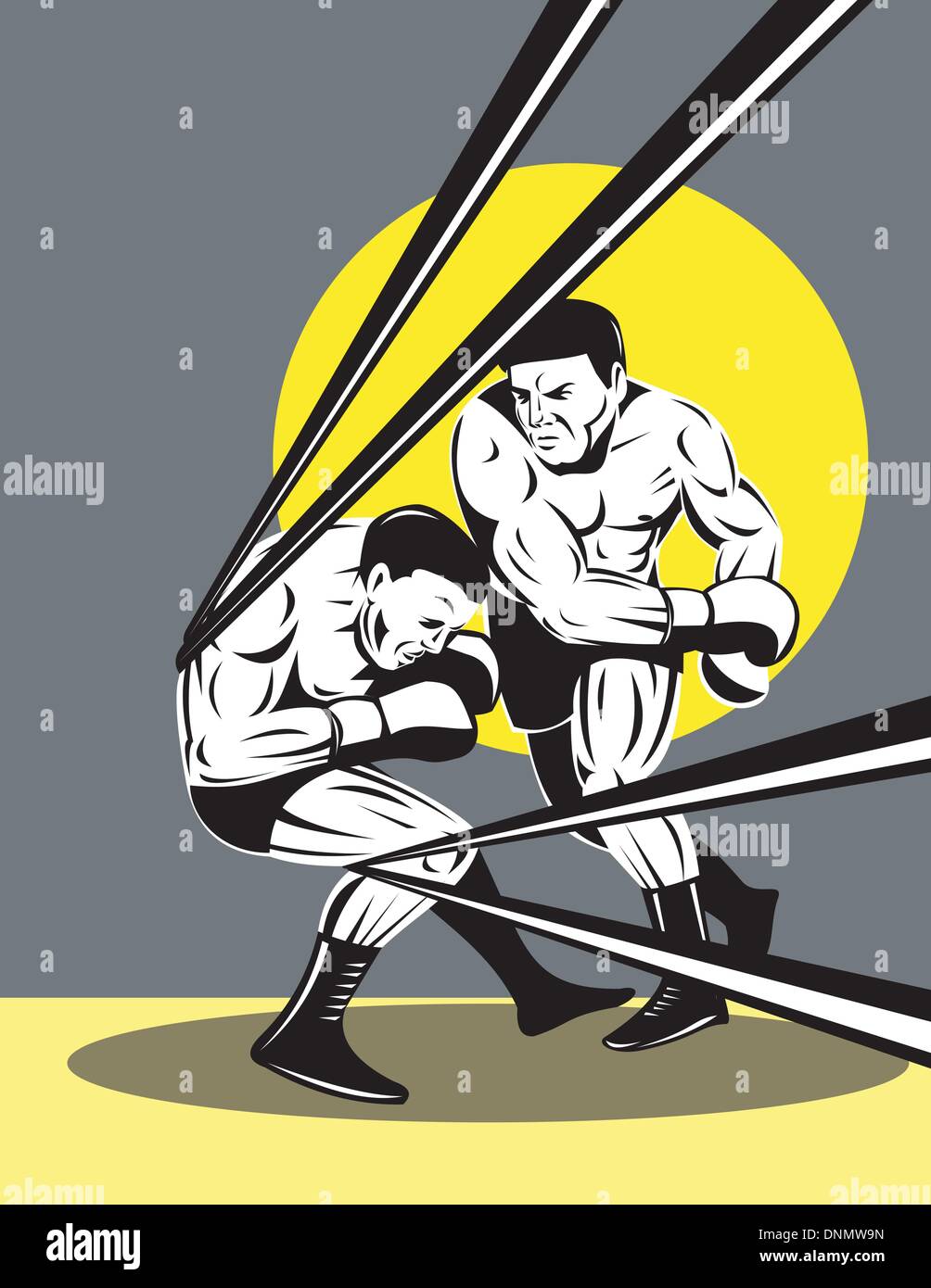 illustration of a boxer connecting a knockout punch on ropes retro ...