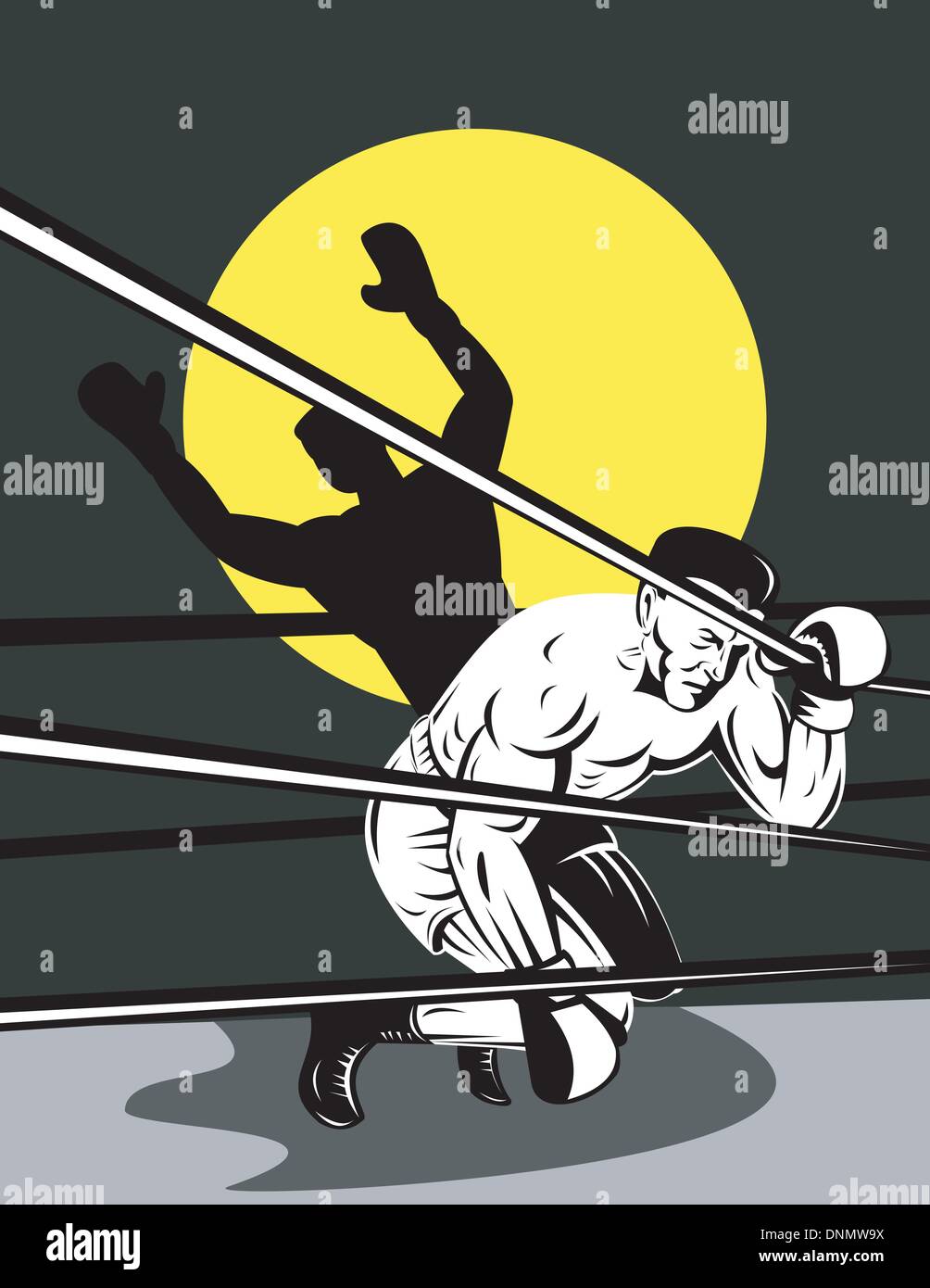 illustration of a boxer kneeling on ropes knockout retro style Stock ...