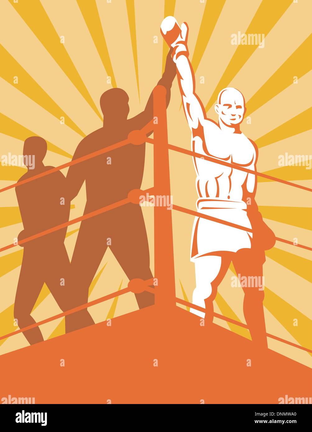 illustration of a boxer declared as winner champion by referee raising ...