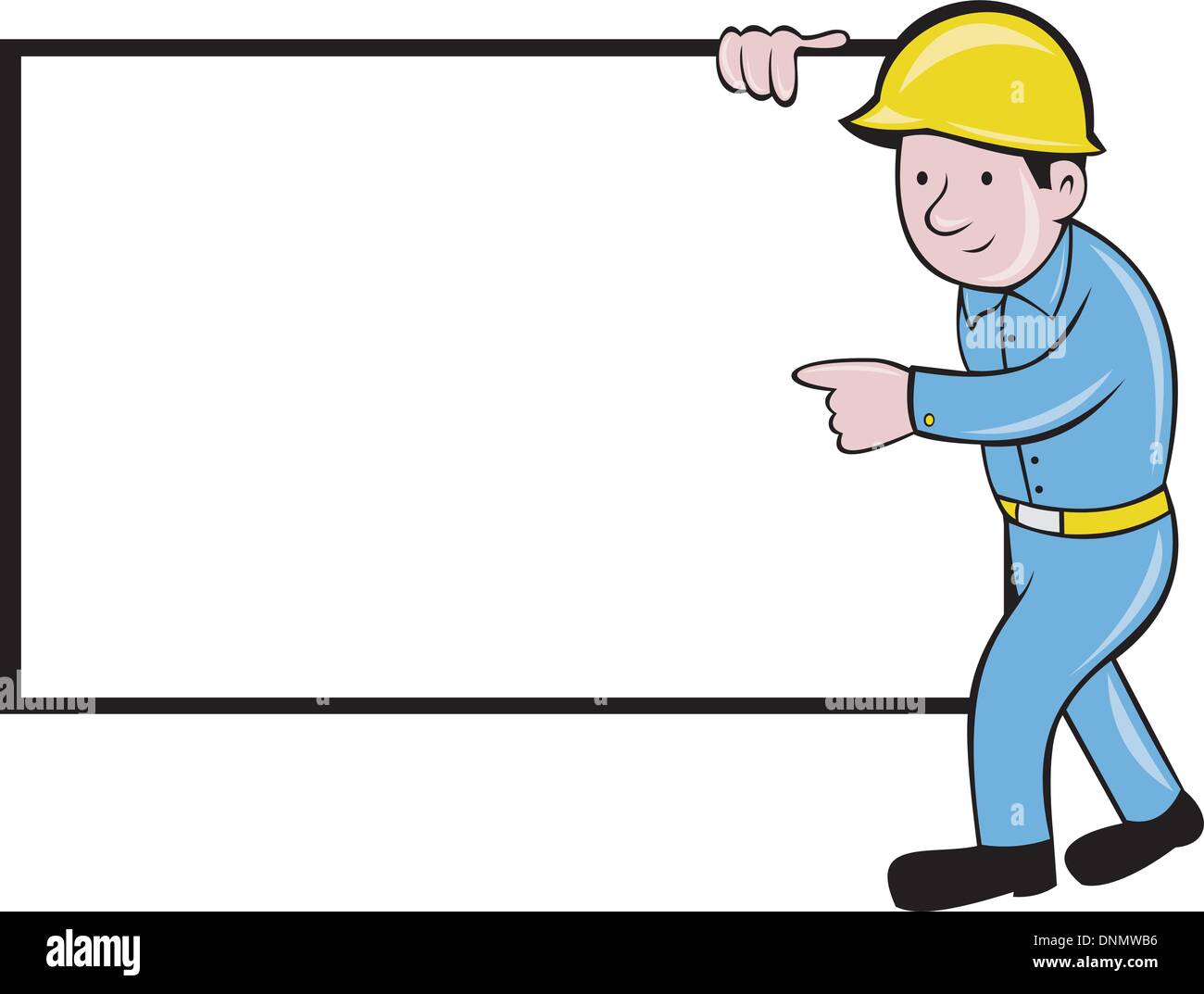 illustration of a cartoon construction worker with white board pointing ...