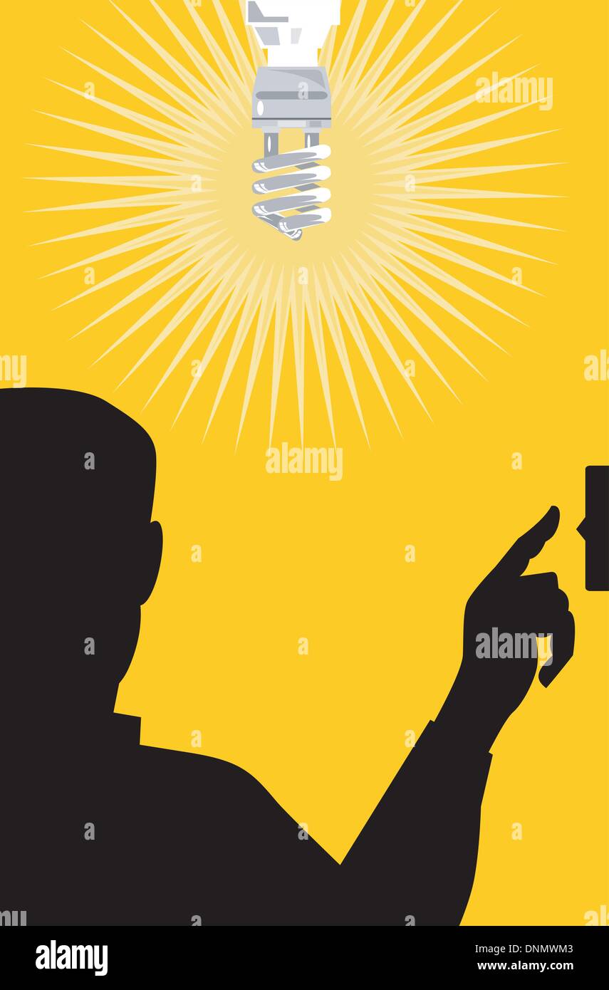 Illustration of man switch on bulb lighting in retro style Stock Vector ...