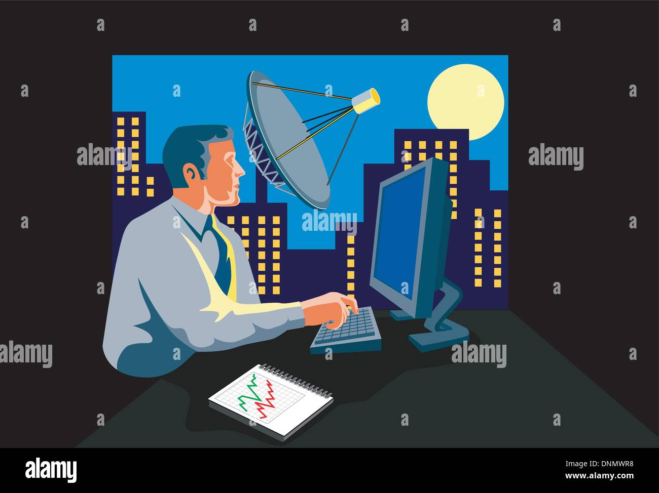 Illustration of businessman with pc computer typing with buildings in ...