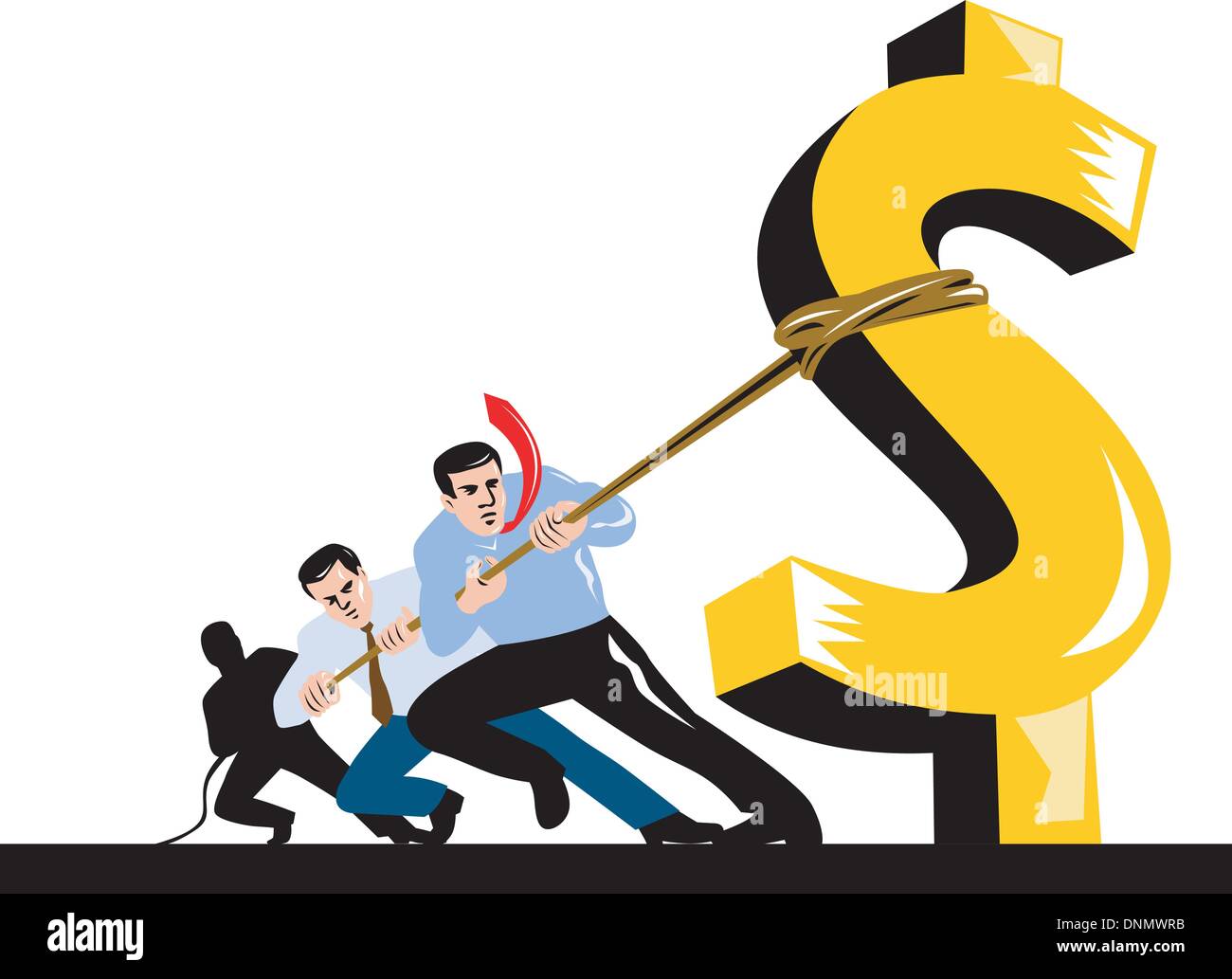 Illustration of office workers pulling down the dollar sign with rope ...