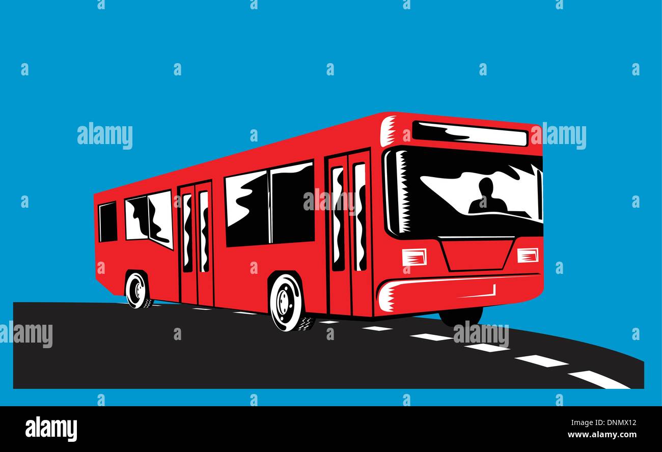 Illustration of a coach bus shuttle on road done in retro style Stock ...