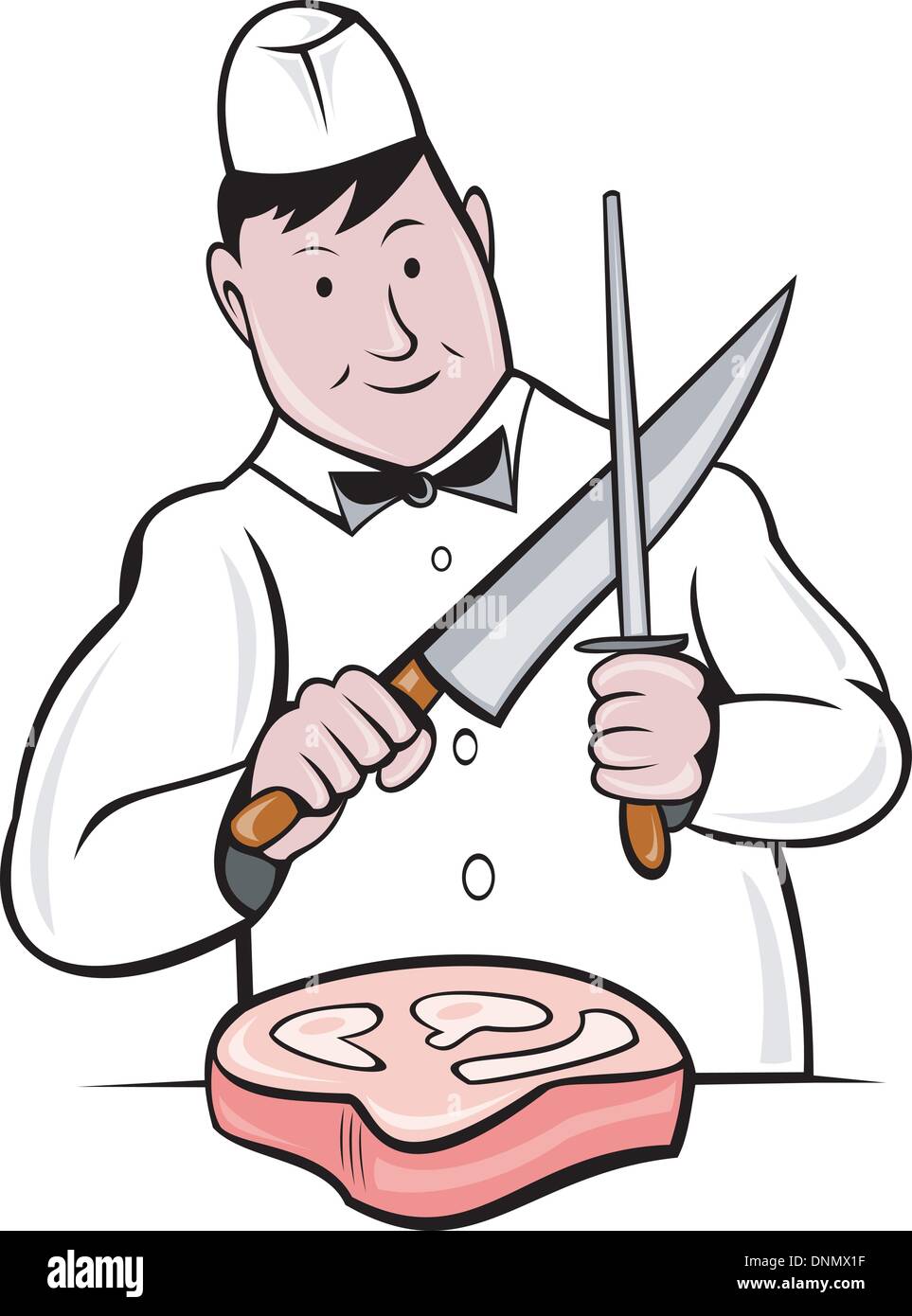 Illustration Of A Cartoon Butcher Cutter With Knife Sharpening And Cut Of Meat Isolated On White