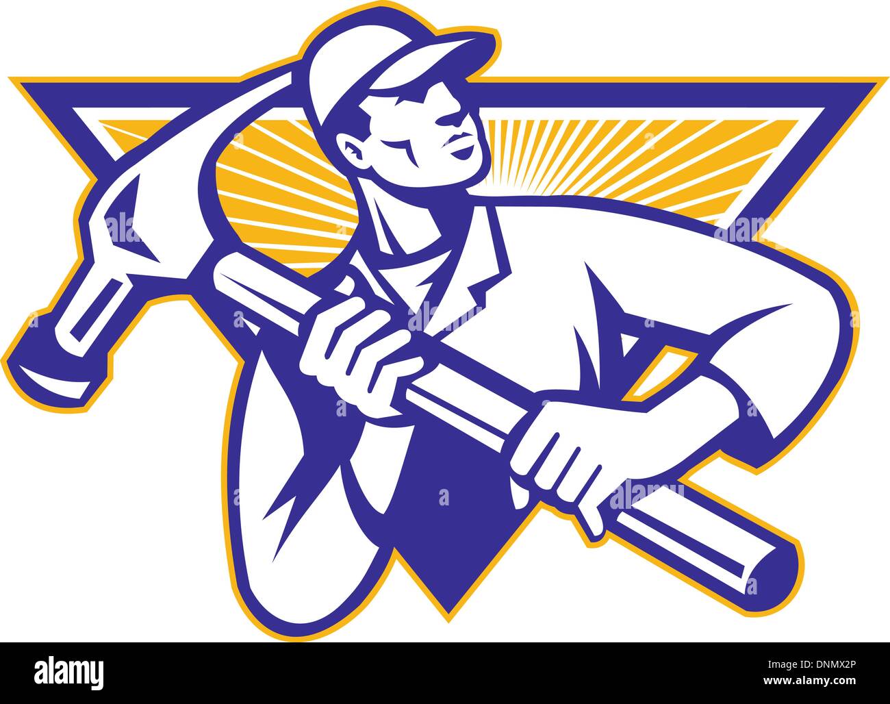 Illustration of a carpenter construction worker wearing hat with hammer ...