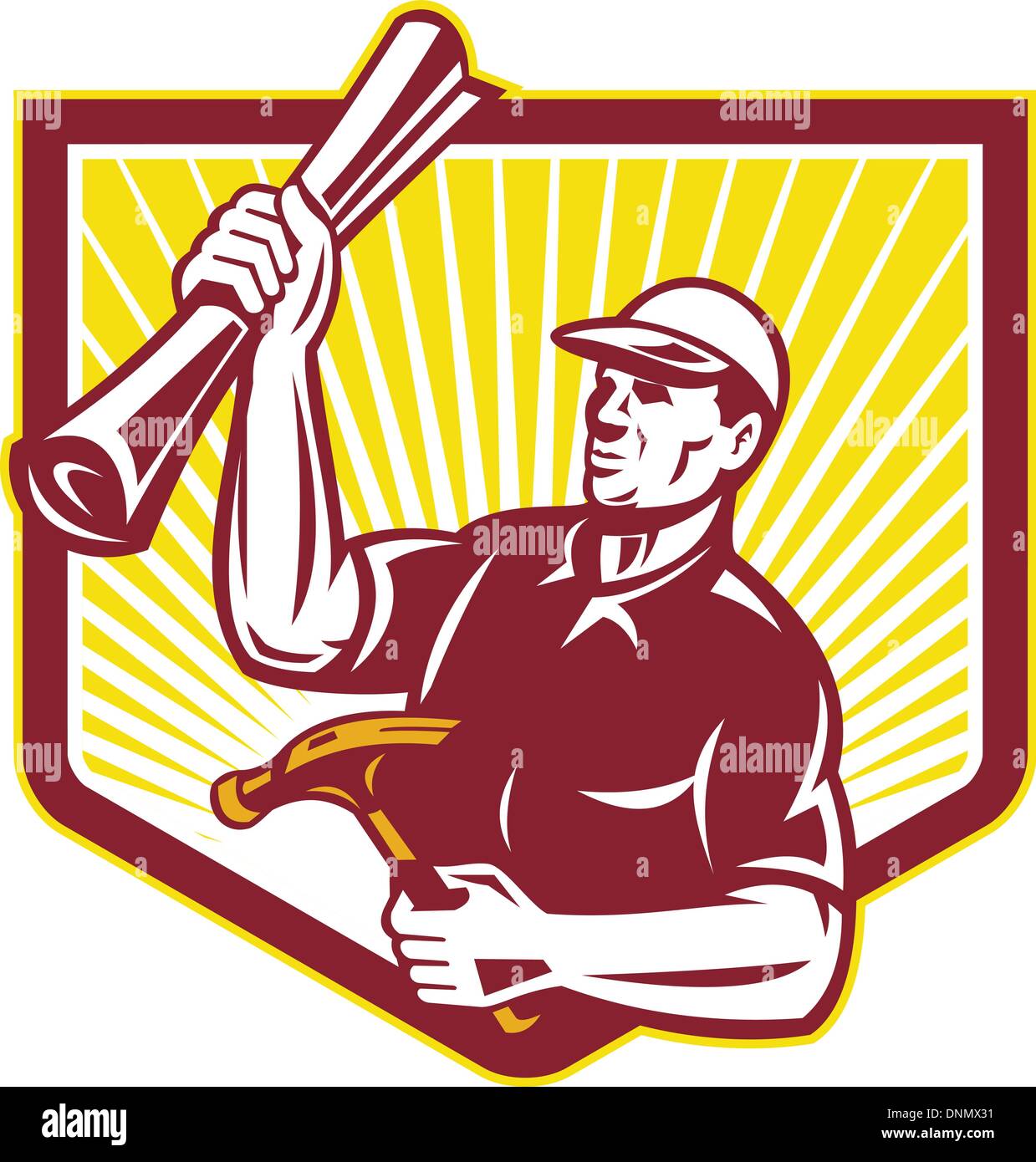 Illustration of a carpenter builder holding hammer and building plan ...