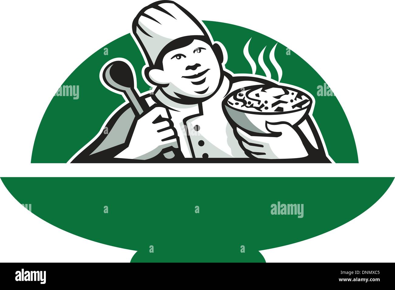 Illustration of a chef cook with spoon holding hot bowl of noodle soup ...