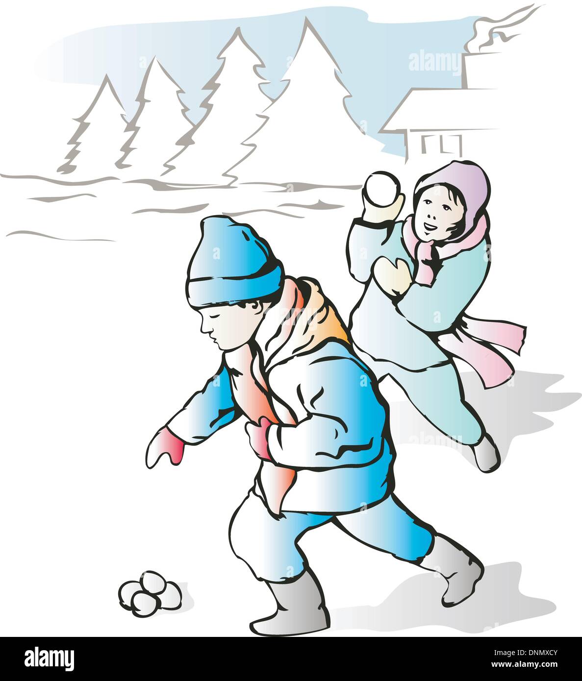 Kids Playing In Snow Drawing