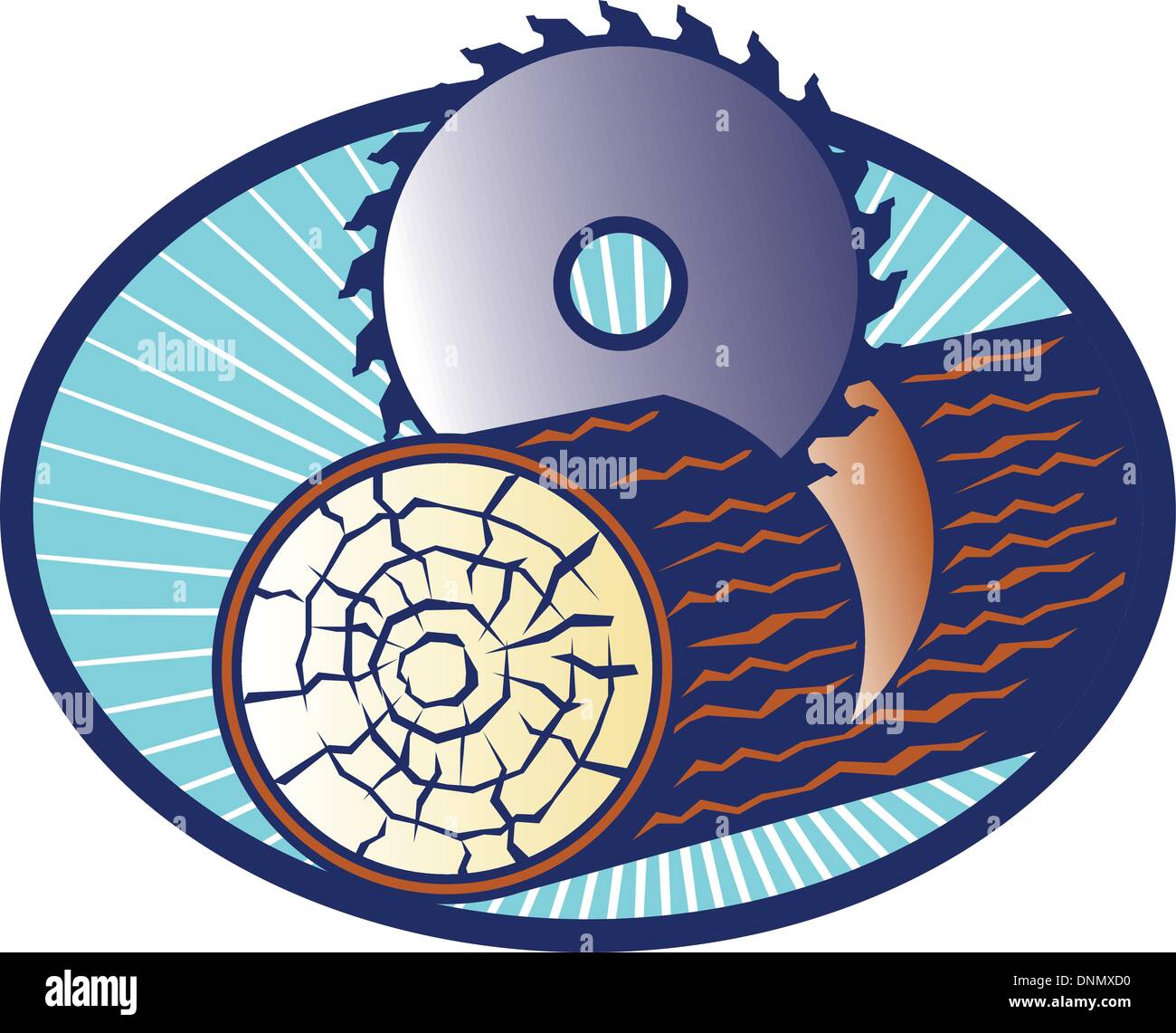 Retro illustration of a circular saw cutting log of wood set inside ...