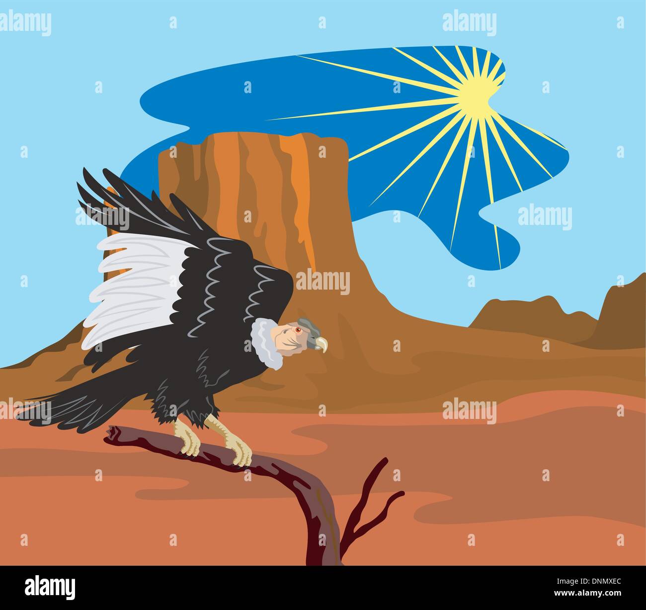 Illustration of a vulture buzzard perching on branch with canyon in ...