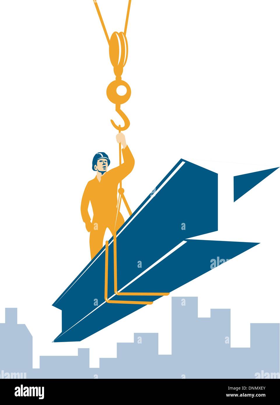 Illustration of construction worker riding on i-beam girder with hook ...