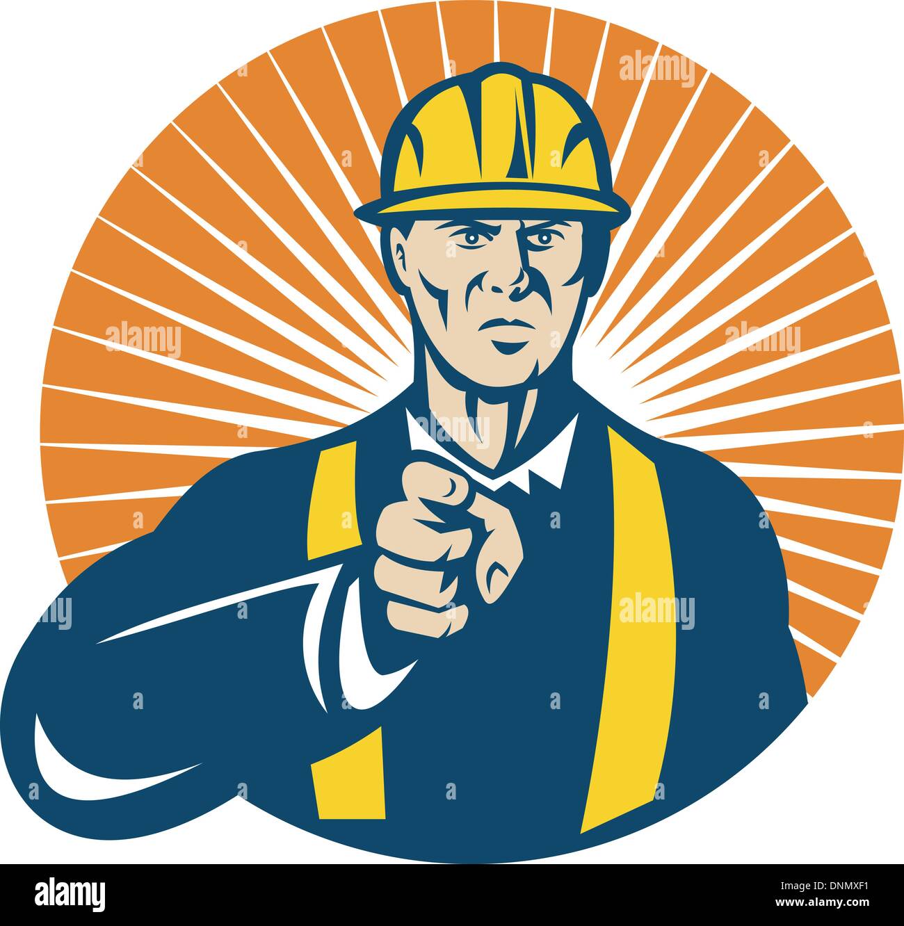 illustration of a construction worker pointing at you done in retro style set inside circle ...