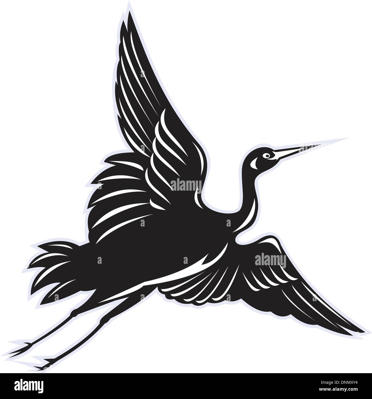 illustration of a Crane flying done in retro woodcut style on isolated ...