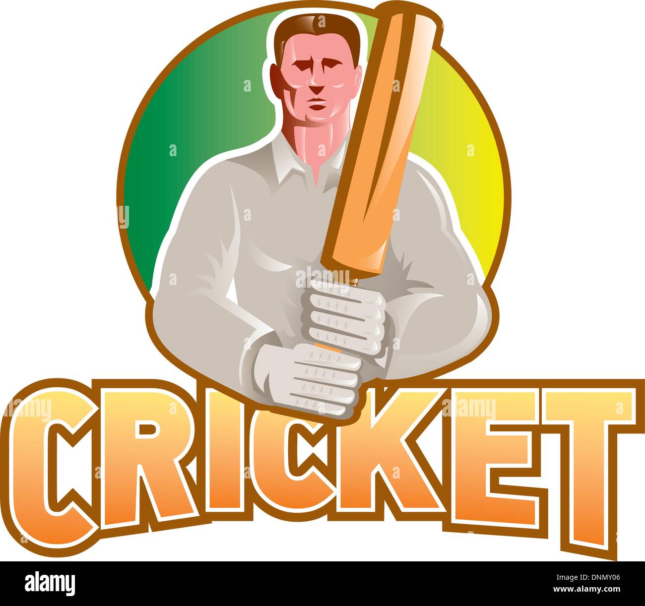 illustration of a cricket player batsman with bat front view set inside ...