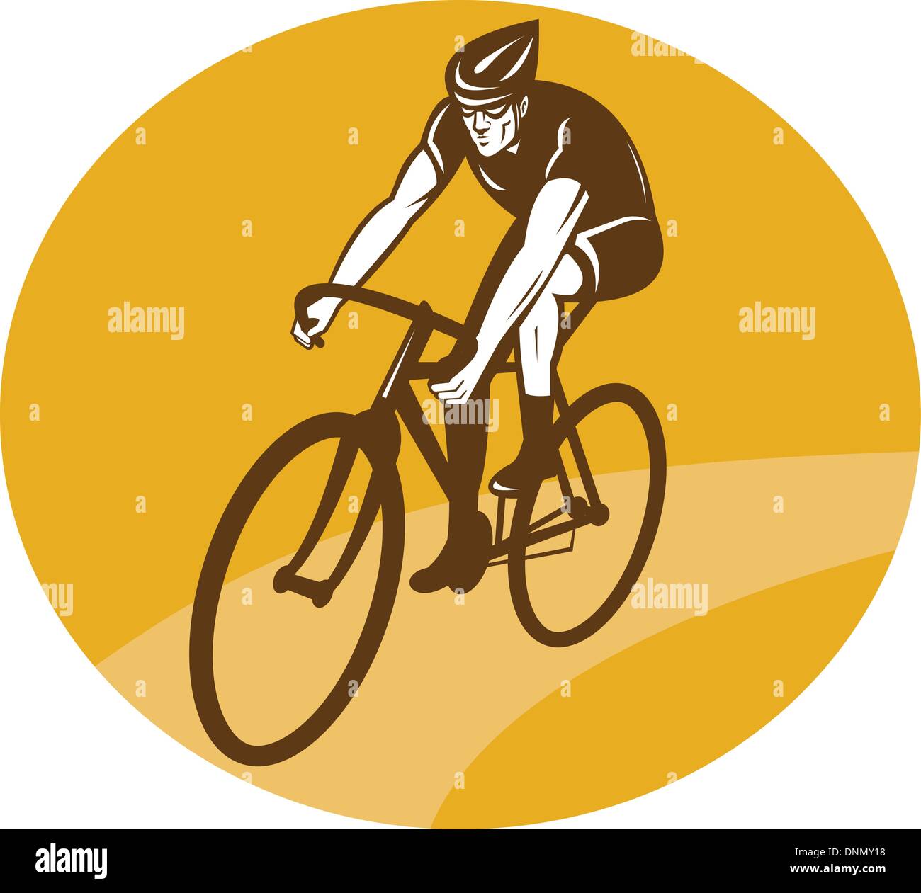 illustration of a Cyclist riding racing bike set inside oval viewed ...