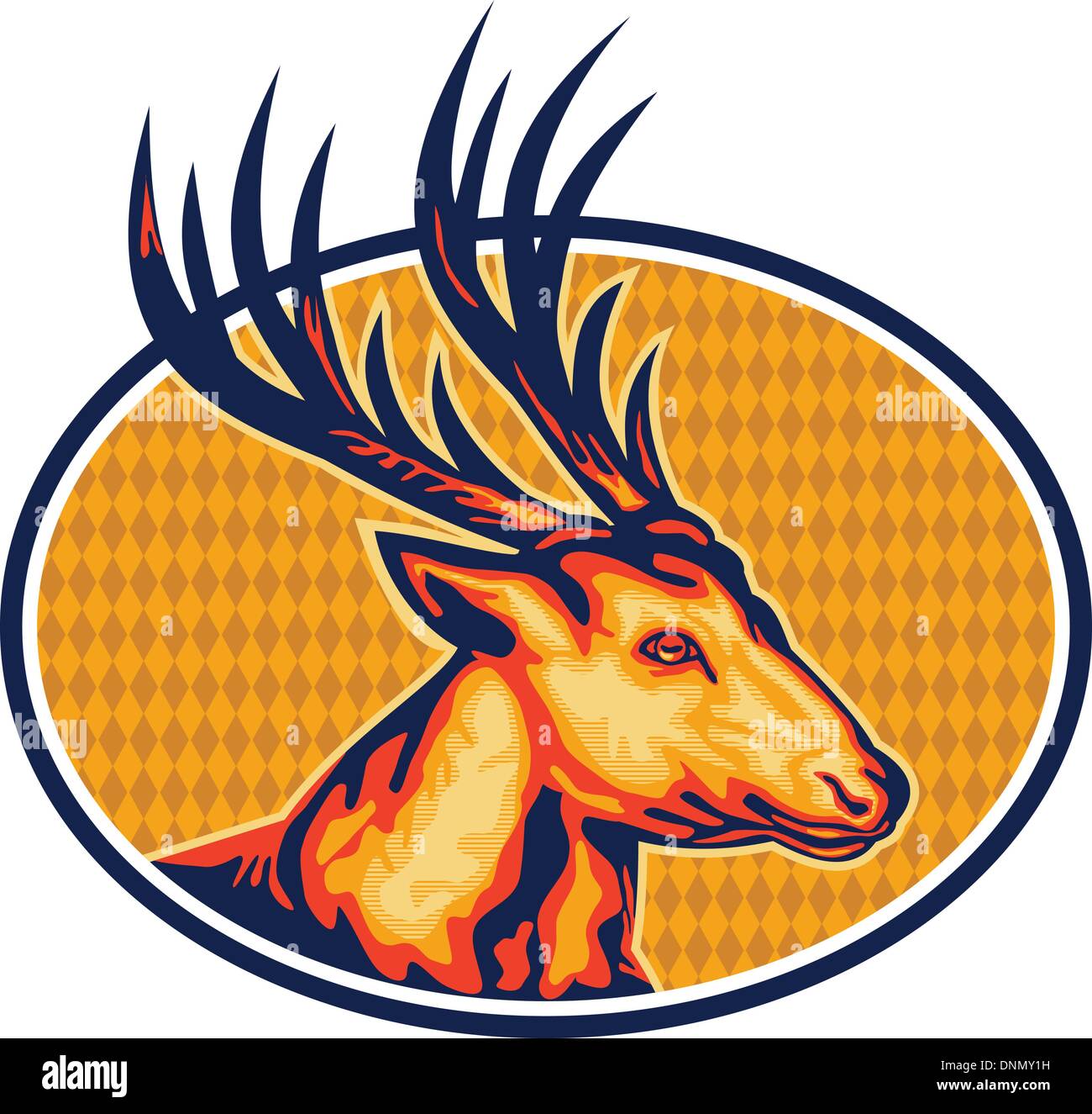 Retro illustration of a stag deer buck head facing side set inside oval ...