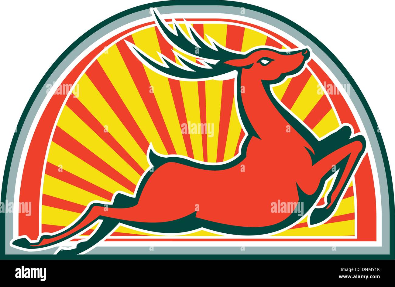 Retro illustration of a stag red deer buck jumping facing side set ...