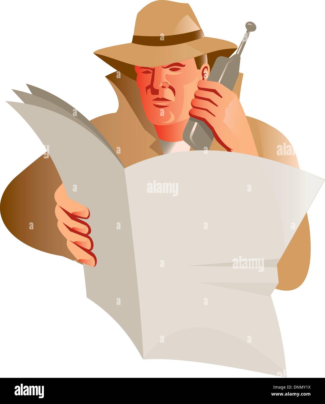 illustration of a male detective using calling cell phone while reading ...