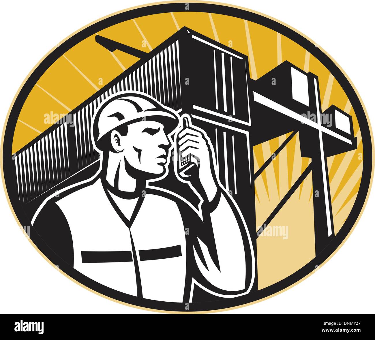 Illustration of a dock worker talking on the phone with container van ...