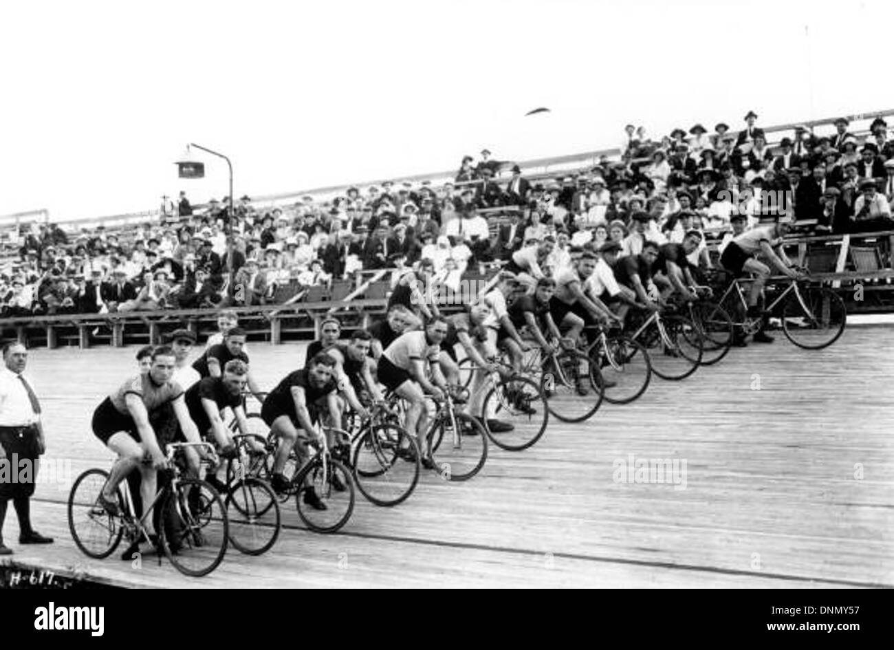 Cyclists are shown preparing for a race in Miami, Florida, in the 1920s ...
