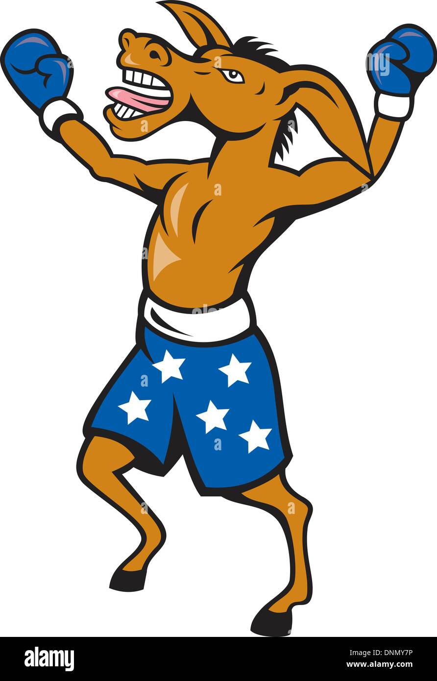 Cartoon illustration of a donkey jackass boxer with boxing gloves and ...
