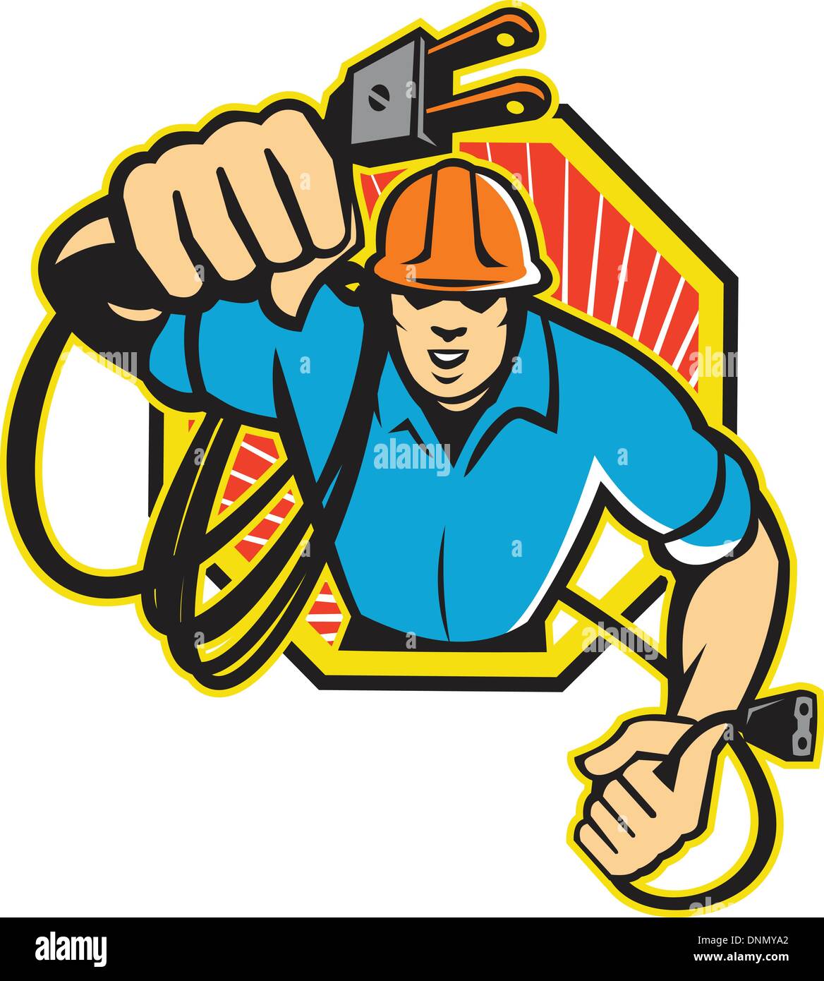 Illustration of an electrician construction worker holding an ...