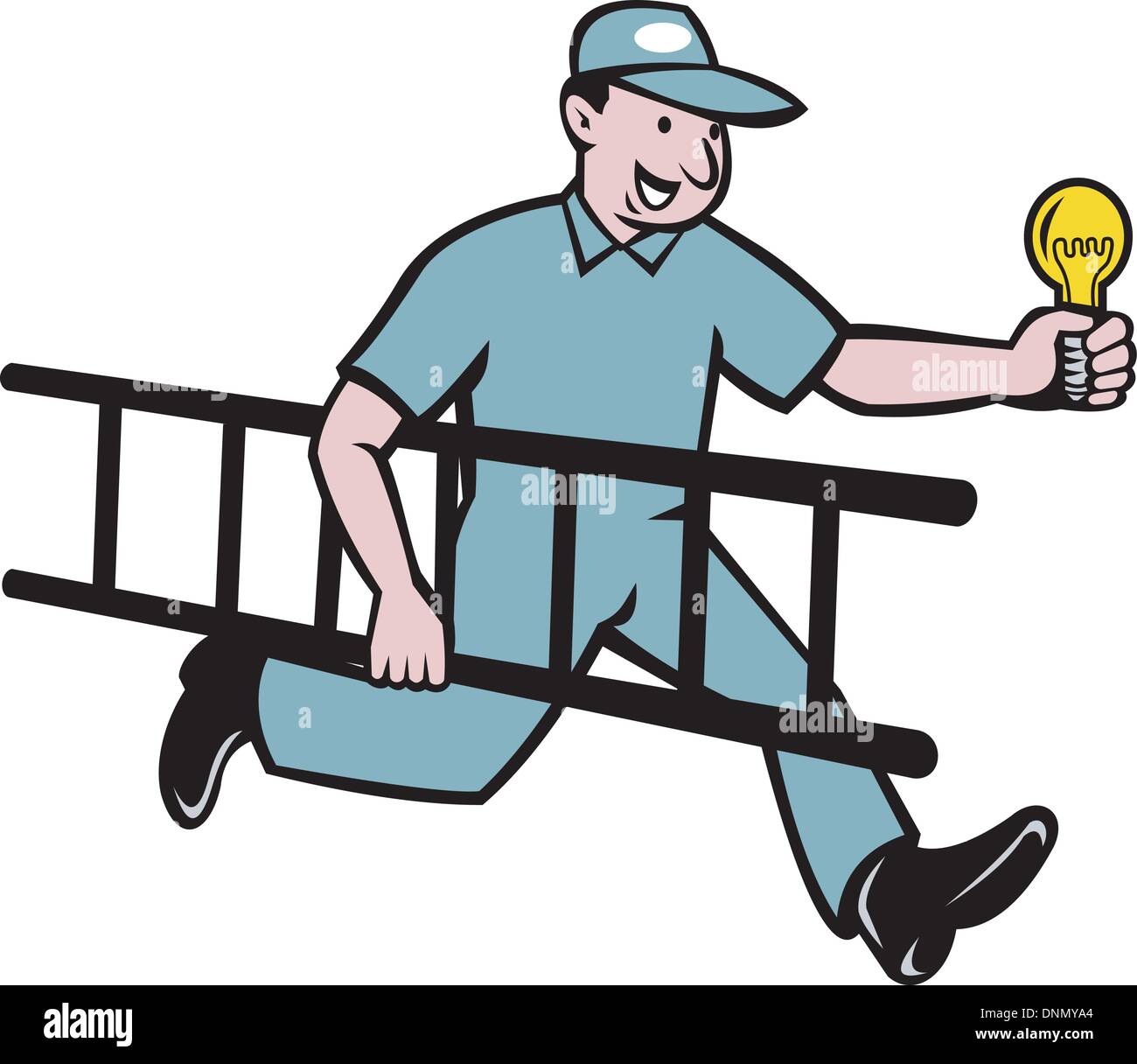 cartoon illustration of an Electrician running holding light bulb and ...