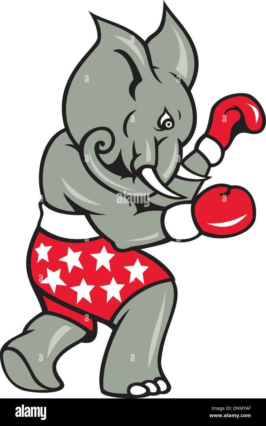 Cartoon illustration of an elephant boxer with boxing gloves and stars ...