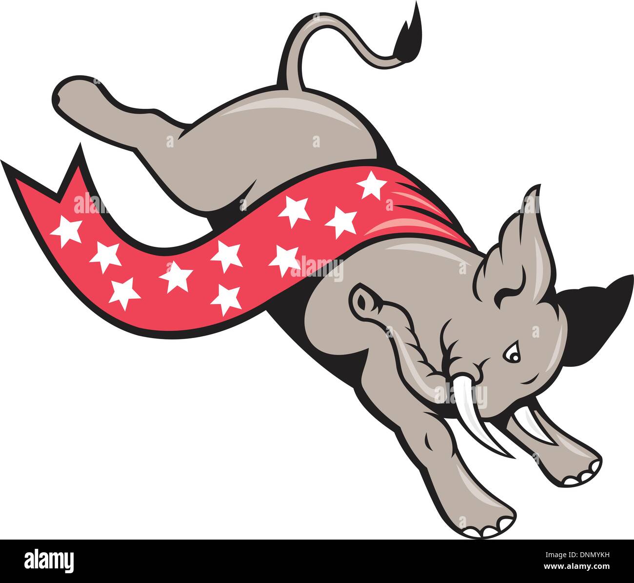 Cartoon illustration of a elephant jumping leaping with stars banner ...