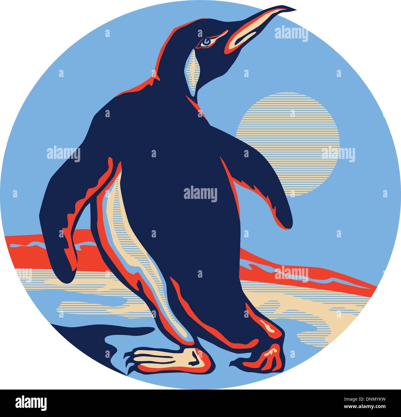 Illustration of penguin walking side with moon in background set inside ...