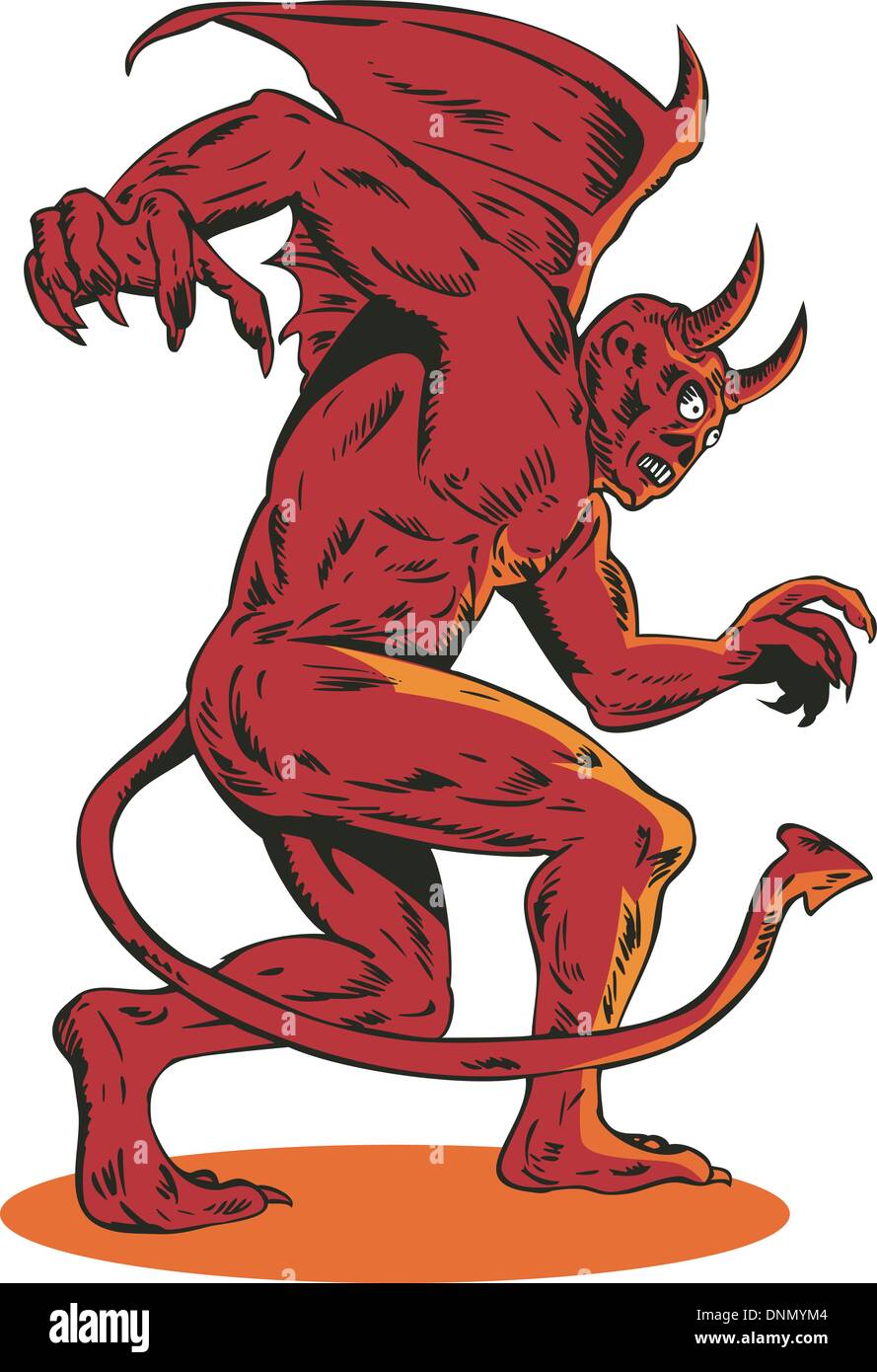 Illustration of red evil creature monster side view done in retro style ...