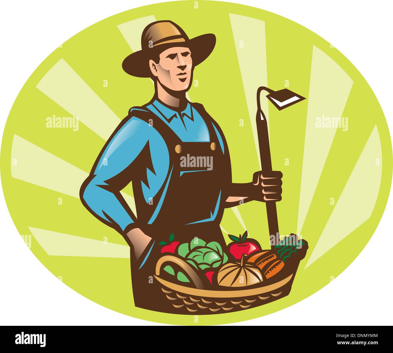 Illustration of a farmer holding a garden hoe wearing hat with basket ...