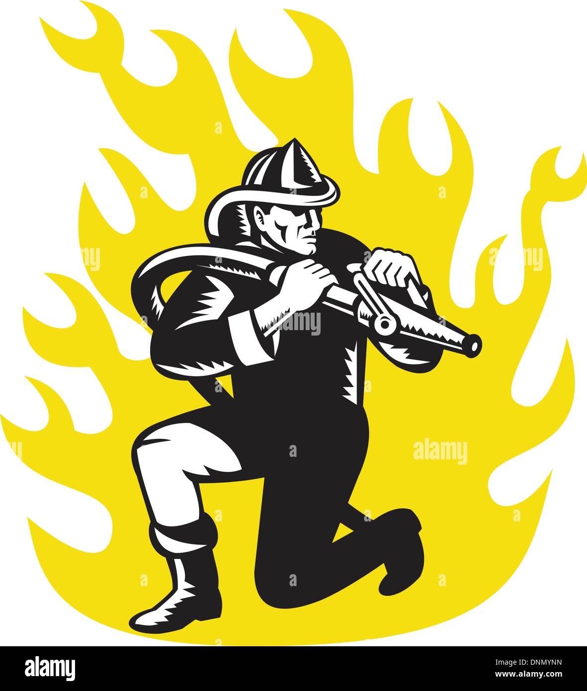 illustration of a fireman firefighter kneeling aim fire hose with flames in background done in ...