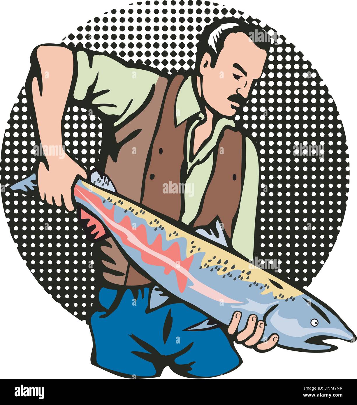 Illustration of a fisherman holding a salmon fish in front of half tone ...