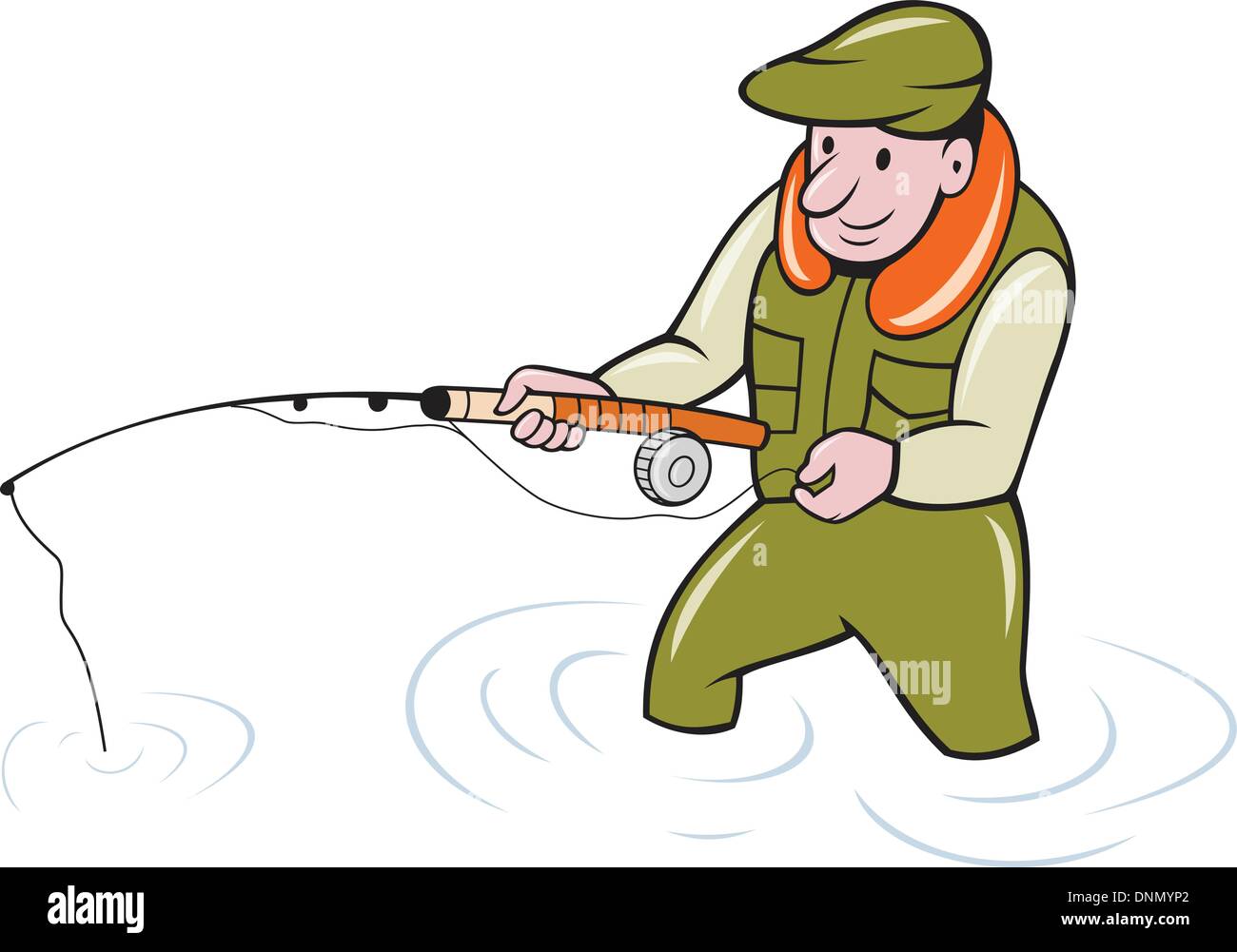 Illustration of a fly fisherman fishing with fishing road done in ...