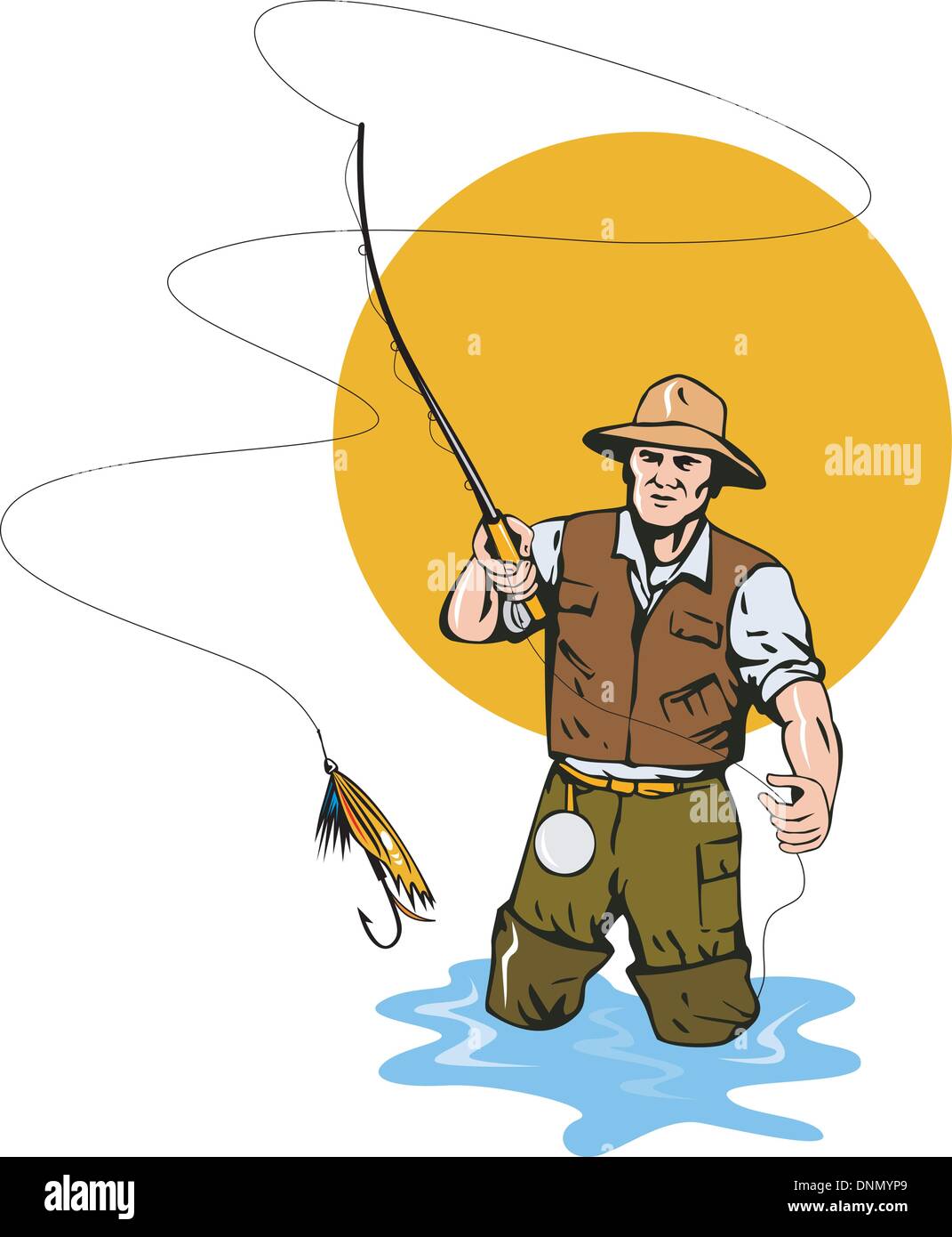 illustration of a fly fisherman casting rod and reel done in retro ...