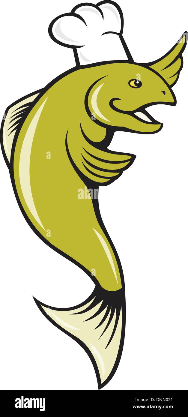 Illustration of a cartoon trout fish baker cook chef side view on ...