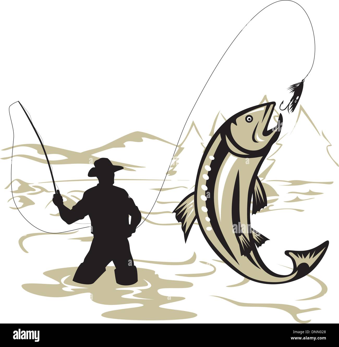 illustration of a trout jumping with fly fisherman casting rod and reel ...