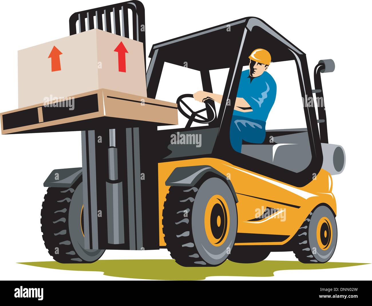 illustration of a forklift truck and driver at work done in retro style ...