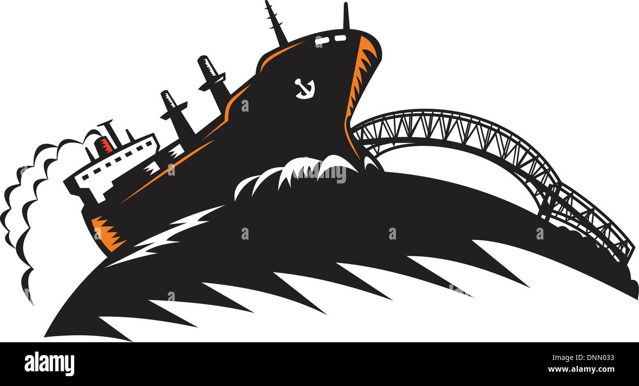 Illustration of a cargo freighter container ship at sea with bridge in ...