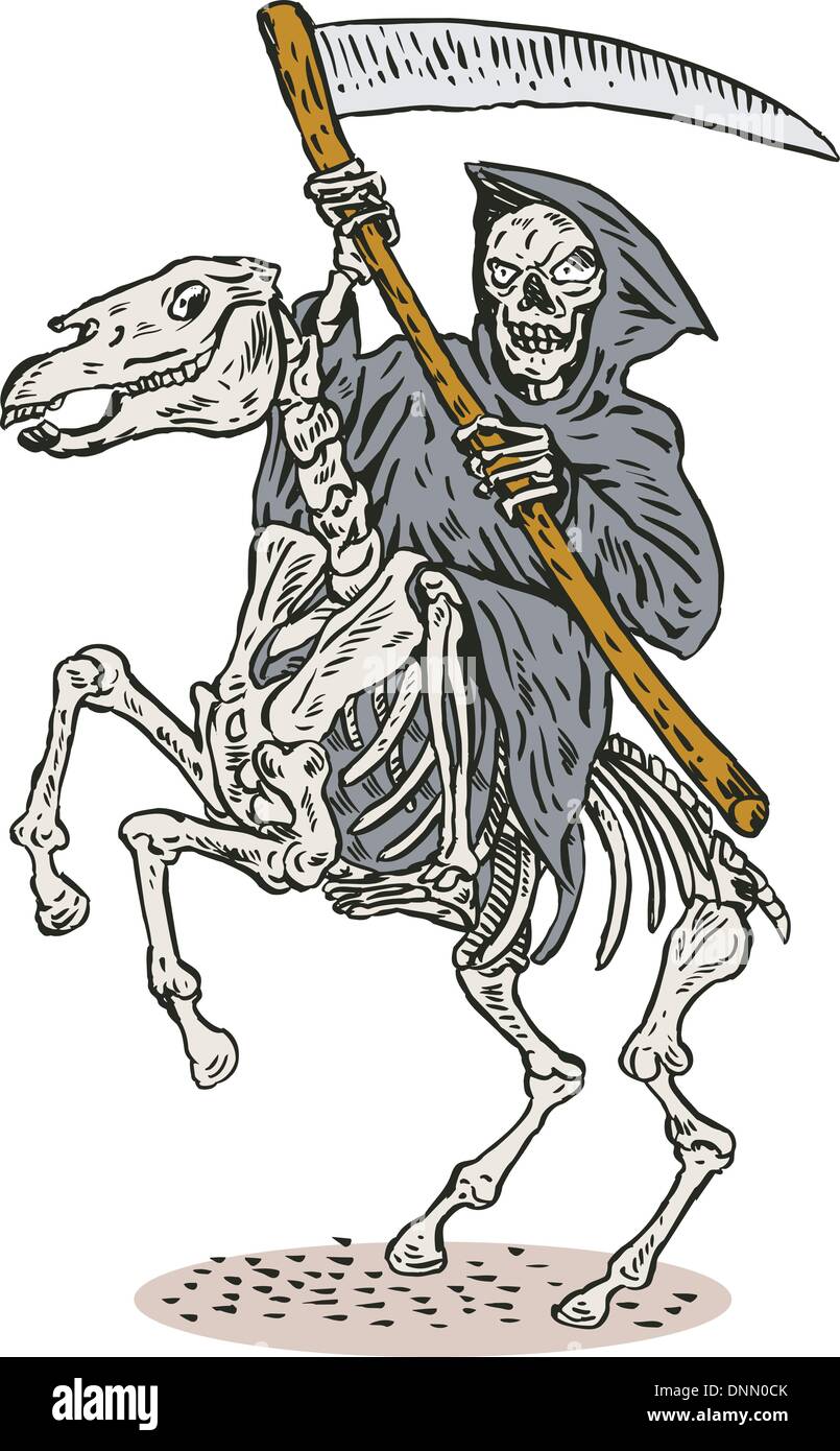 Illustration of grim reaper skeleton horseback done in retro style ...