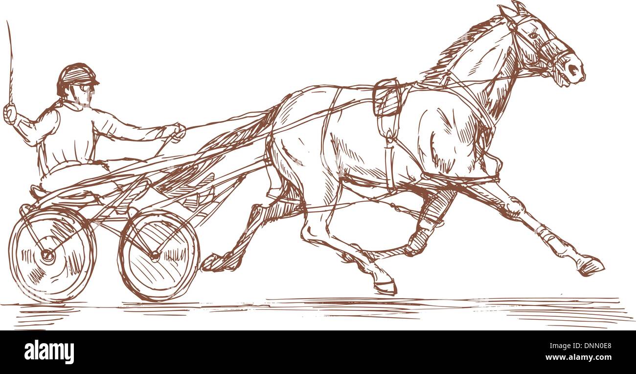 illustration of a horse and jockey harness racing on isolated white ...