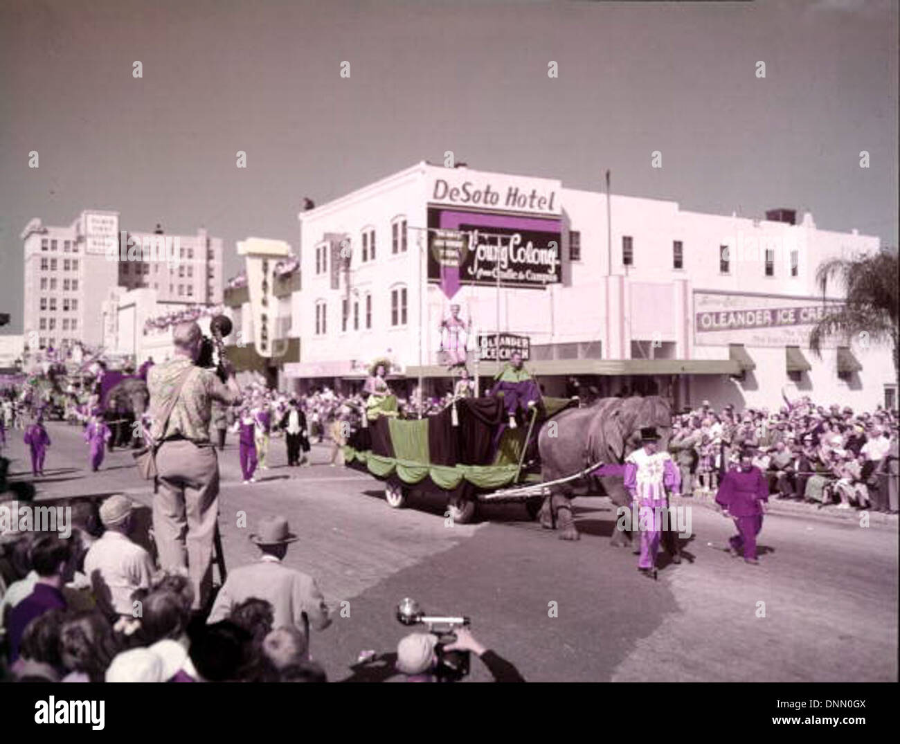 This 1950s photograph shows a circus parade scene filmed in Sarasota ...
