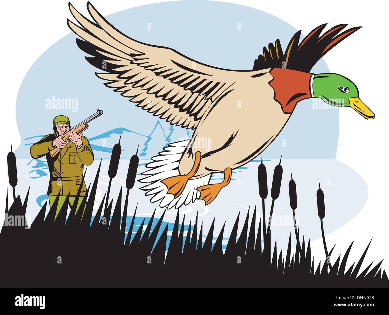 illustration of a hunter aiming shotgun rifle gun at game bird duck ...