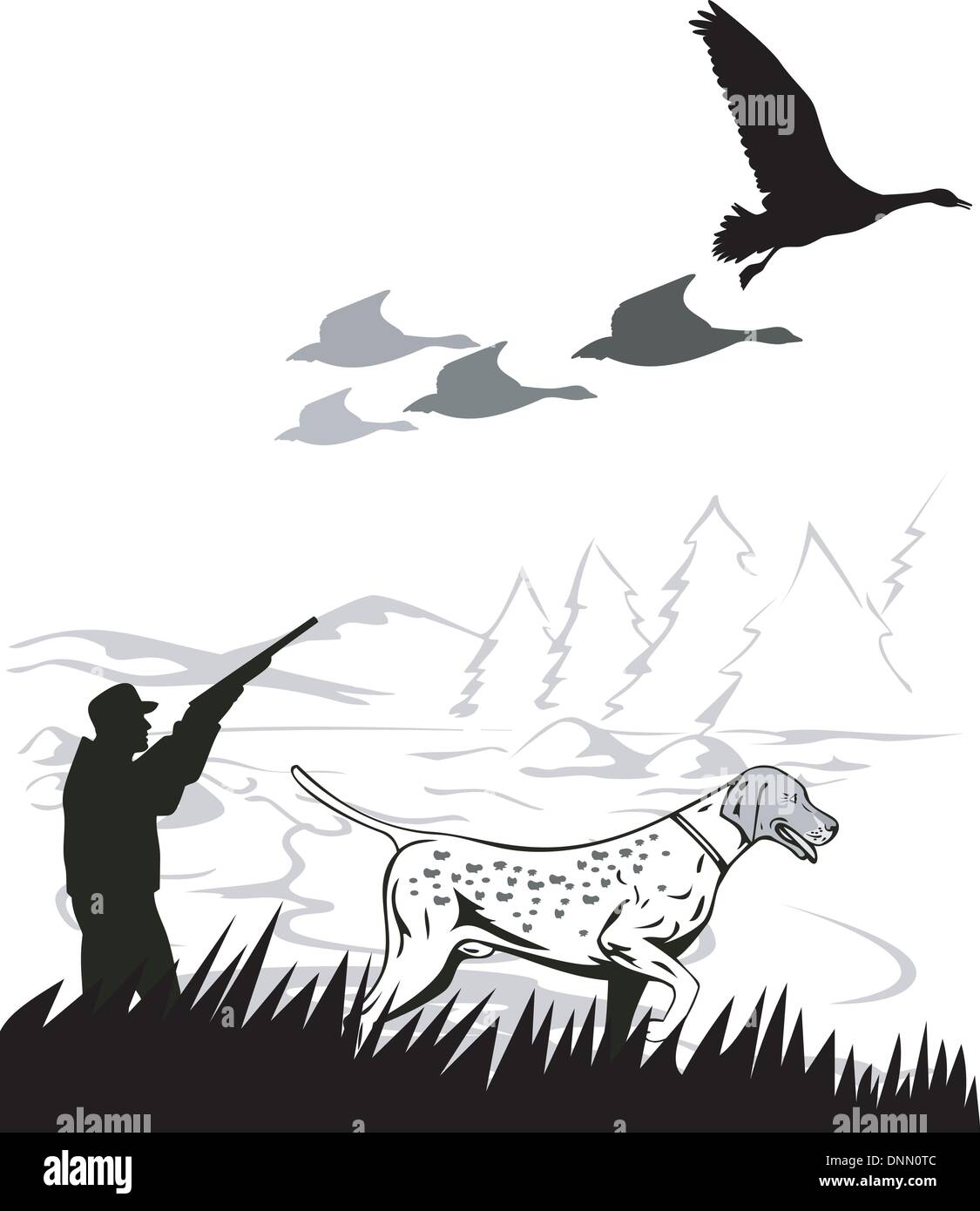 illustration of a hunter aiming shotgun rifle gun at game bird duck ...