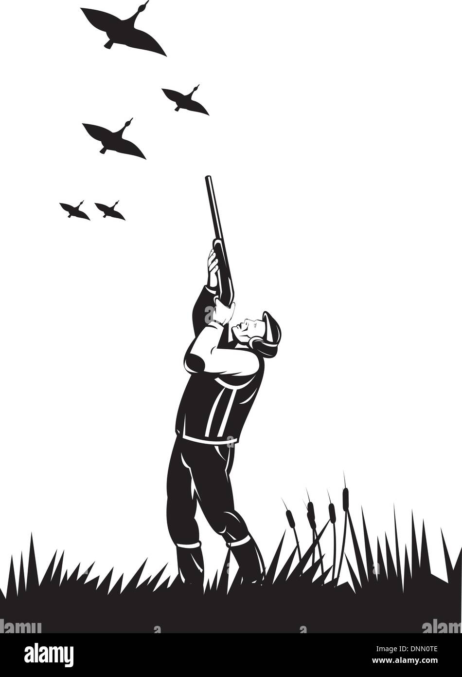 illustration of a hunter aiming shotgun rifle gun at ducks geese done ...
